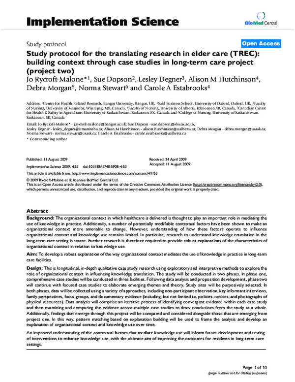 (PDF) Study protocol for the translating research in elder care(TREC ...