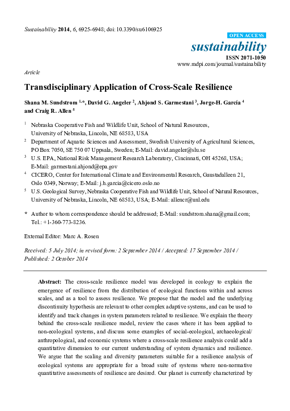 (PDF) Transdisciplinary Application of Cross-Scale Resilience