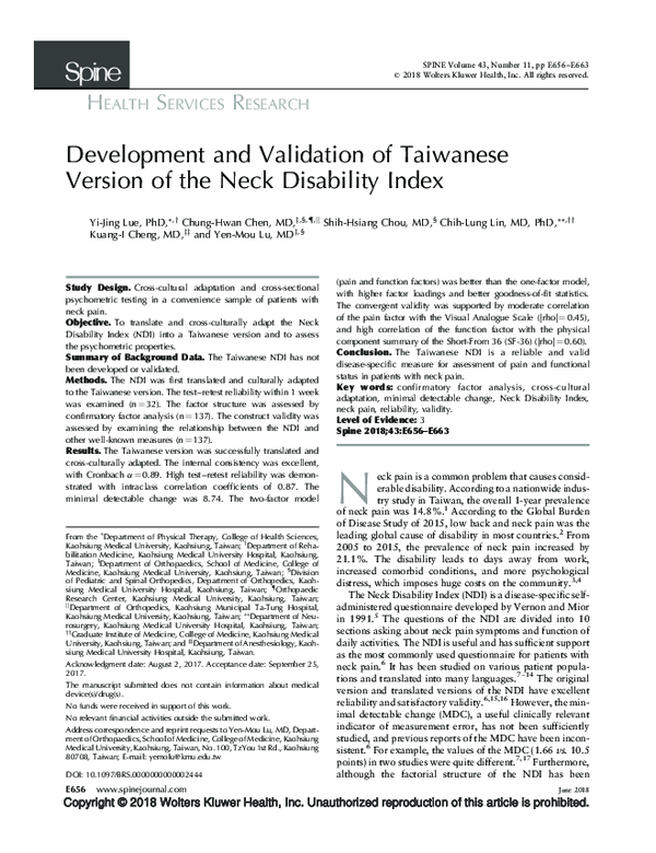 (PDF) Development and validation of Taiwanese version of the Neck ...