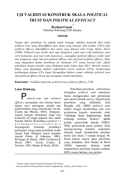 (PDF) Uji Validitas Konstruk Skala Political Trust dan Political Efficacy