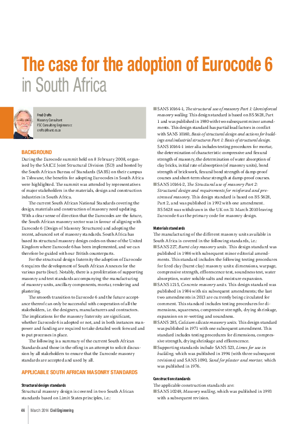 (PDF) The case for the adoption of Eurocode 6 in South Africa