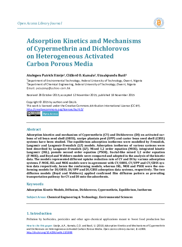 (PDF) Adsorption Kinetics and Mechanisms of Cypermethrin and Dichlorovos on Heterogeneous ...