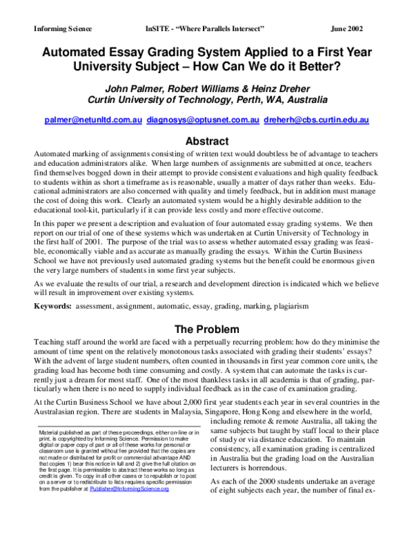 (PDF) Automated Essay Grading System Applied to a First Year University ...