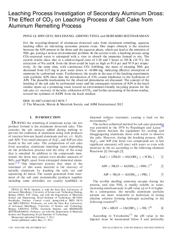 (PDF) Leaching Process Investigation of Secondary Aluminum Dross: The ...
