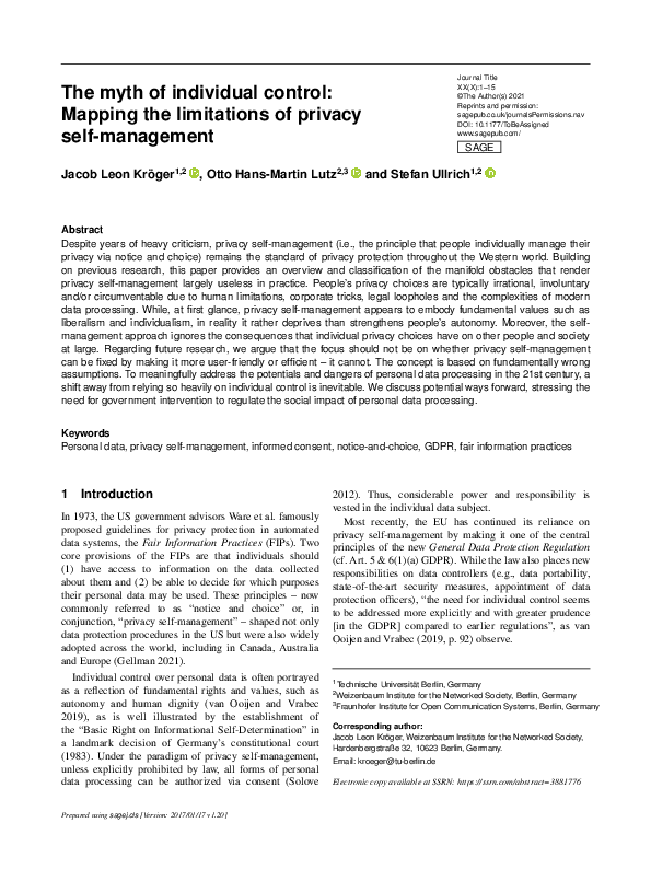 (PDF) The myth of individual control: Mapping the limitations of ...
