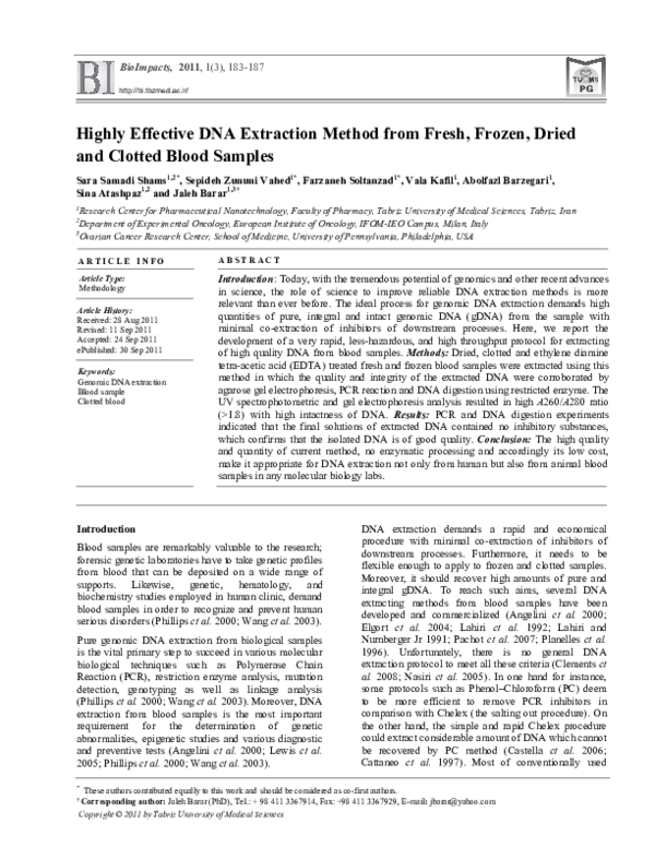(PDF) Highly Effective DNA Extraction Method from Fresh, Frozen, Dried ...