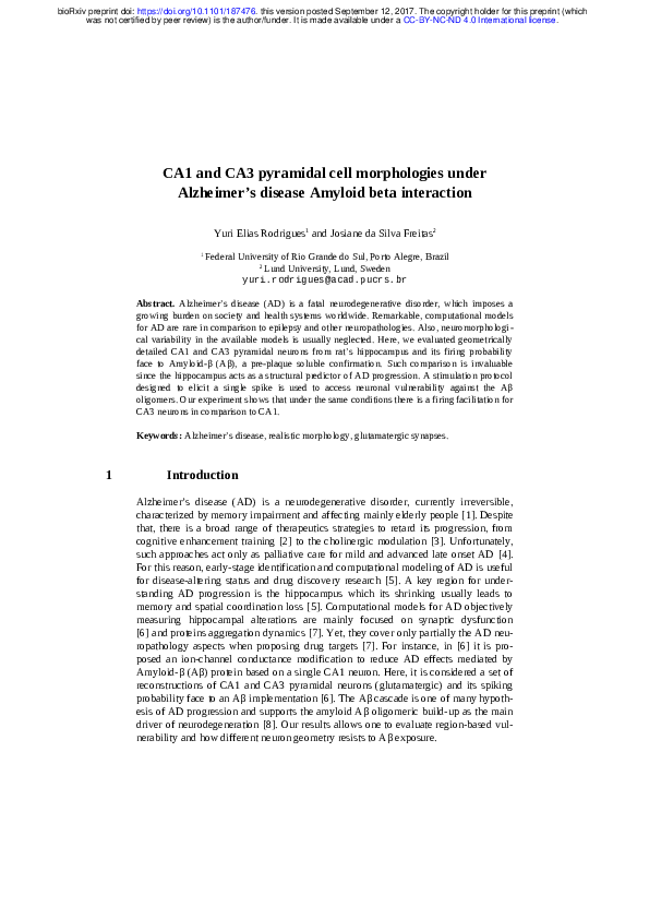 (PDF) CA1 and CA3 pyramidal cell morphologies under Alzheimer’s disease ...