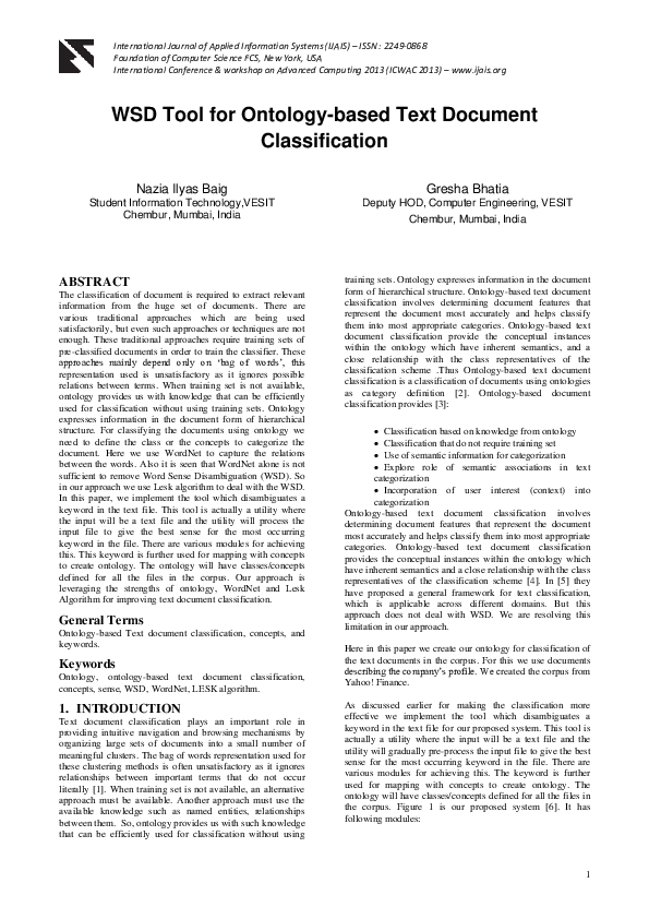 WSD Tool for Ontology-based Text Document Classification WSD Tool for Ontology-based Text Document Classification