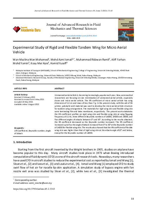 (PDF) Experimental Study of Rigid and Flexible Tandem Wing for Micro ...