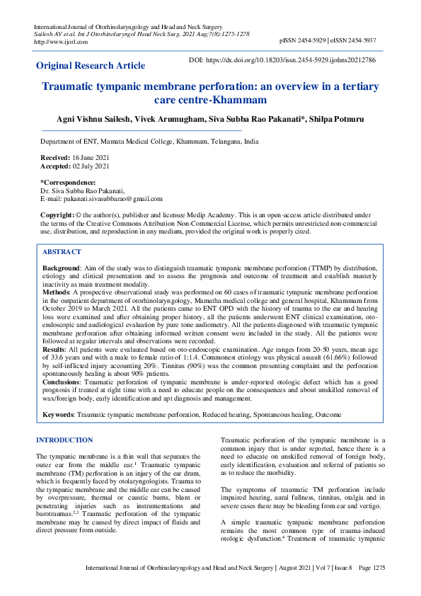 (PDF) Traumatic tympanic membrane perforation: an overview in a ...