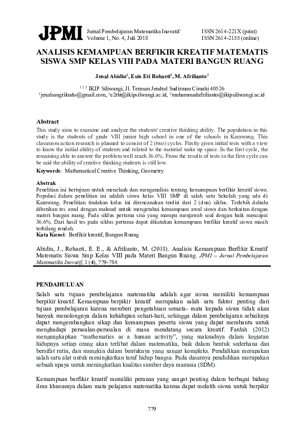 (PDF) Analisis Kemampuan Berfikir Kreatif Matematis Siswa SMP Kelas VIII Pada Materi Bangun Ruang