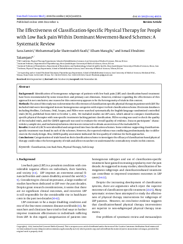 (PDF) The Effectiveness of Classification-Specific Physical Therapy for ...