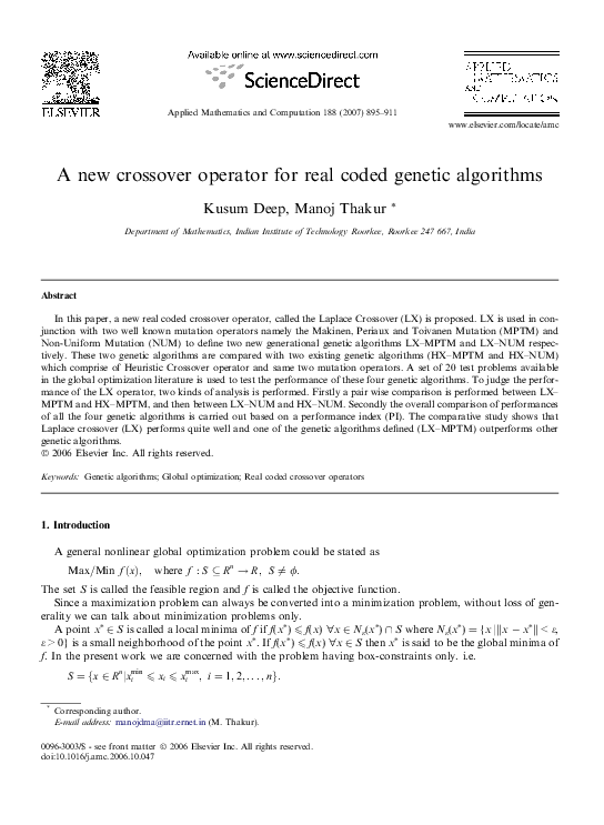 Pdf A New Crossover Operator For Real Coded Genetic Algorithms