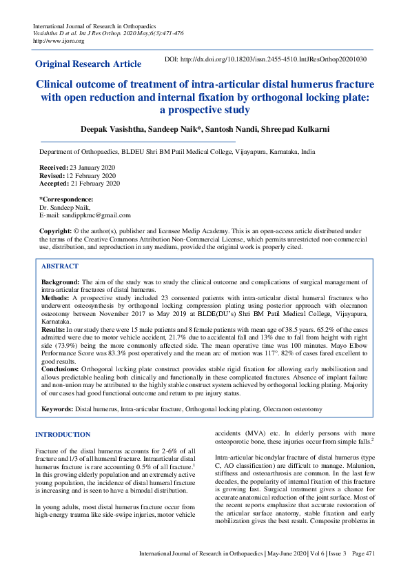 (PDF) Clinical outcome of treatment of intra-articular distal humerus fracture with open ...