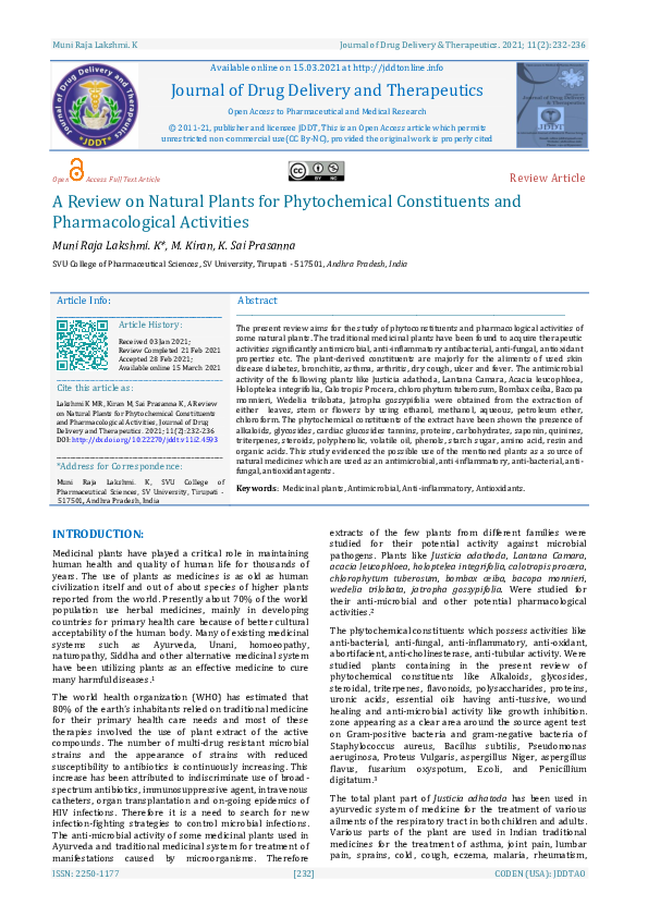 (PDF) A Review on Natural Plants for Phytochemical Constituents and Pharmacological Activities