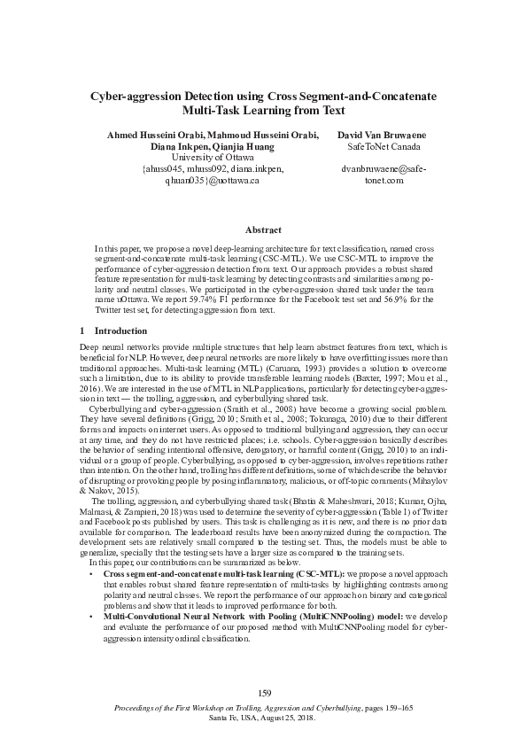 (PDF) Cyber-aggression Detection using Cross Segment-and-Concatenate Multi-Task Learning from Text