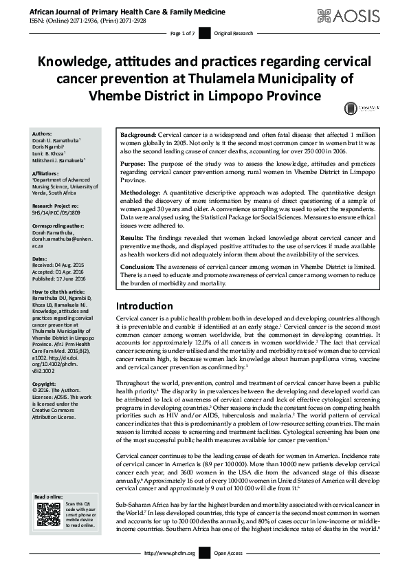 (PDF) Knowledge, attitudes and practices regarding cervical cancer prevention at Thulamela ...