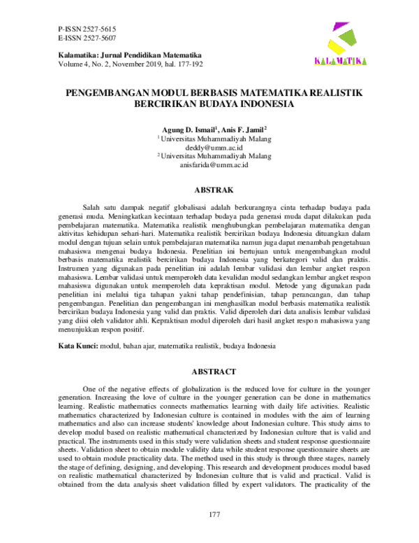 (PDF) Pengembangan Modul Berbasis Matematika Realistik Bercirikan Budaya Indonesia