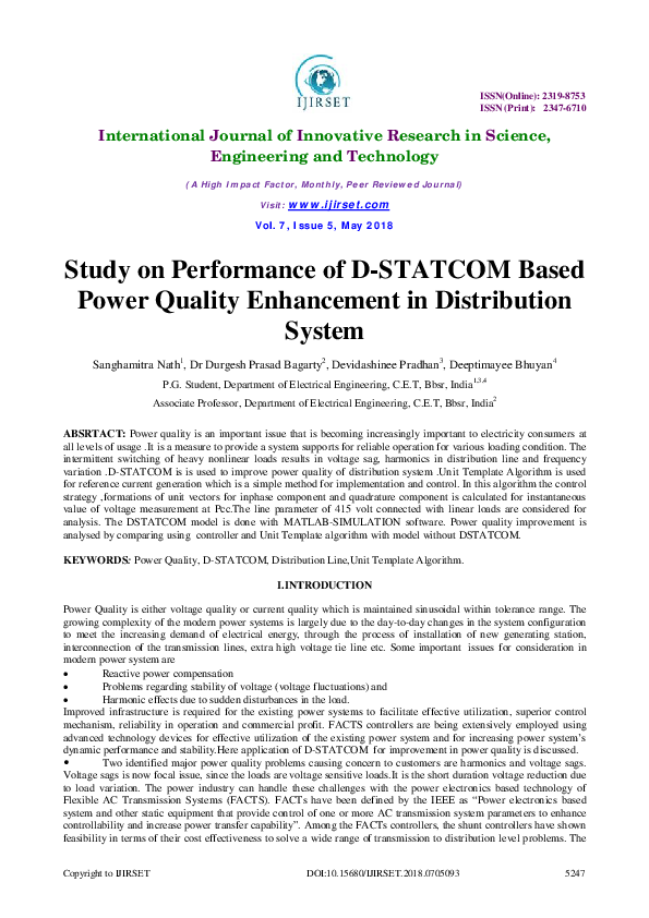 (PDF) Study on Performance of D-STATCOM Based Power Quality Enhancement in Distribution System