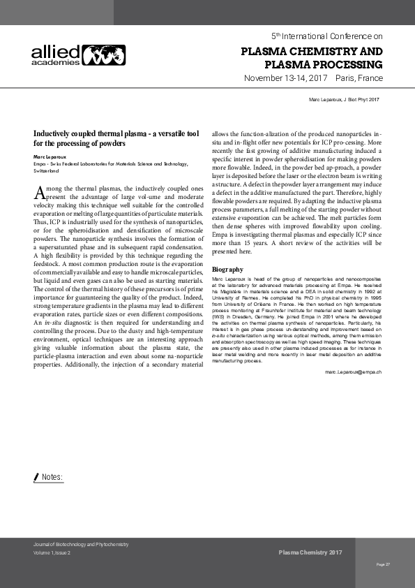 (PDF) PLASMA CHEMISTRY AND PLASMA PROCESSING Inductively coupled ...