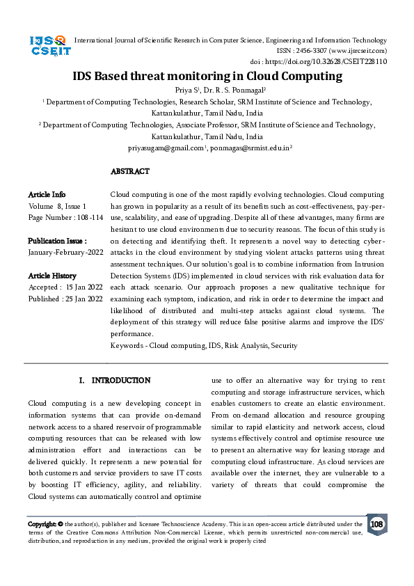 (PDF) IDS Based threat monitoring in Cloud Computing