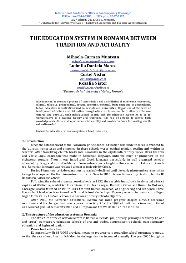 (PDF) The Education System in Romania Between Tradition and Actuality