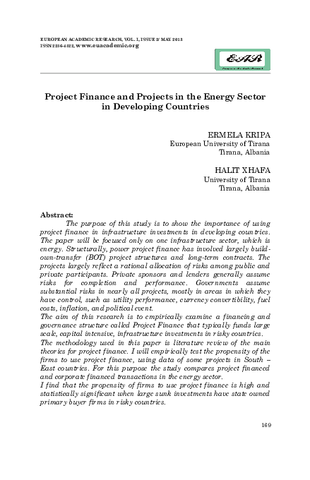 (PDF) Project Finance, and Projects in the Energy Sector in Developing ...