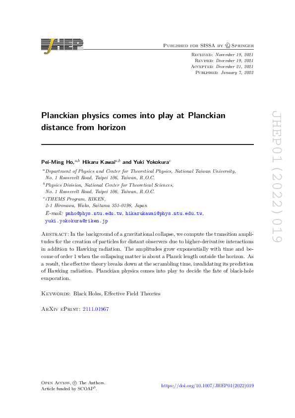 (PDF) Planckian physics comes into play at Planckian distance from horizon