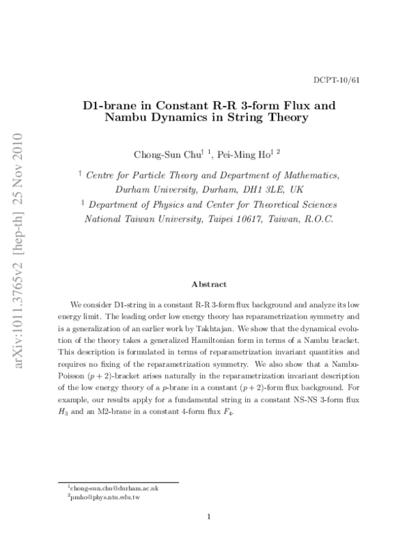 (PDF) D1-brane in Constant R-R 3-form Flux and Nambu Dynamics in String Theory