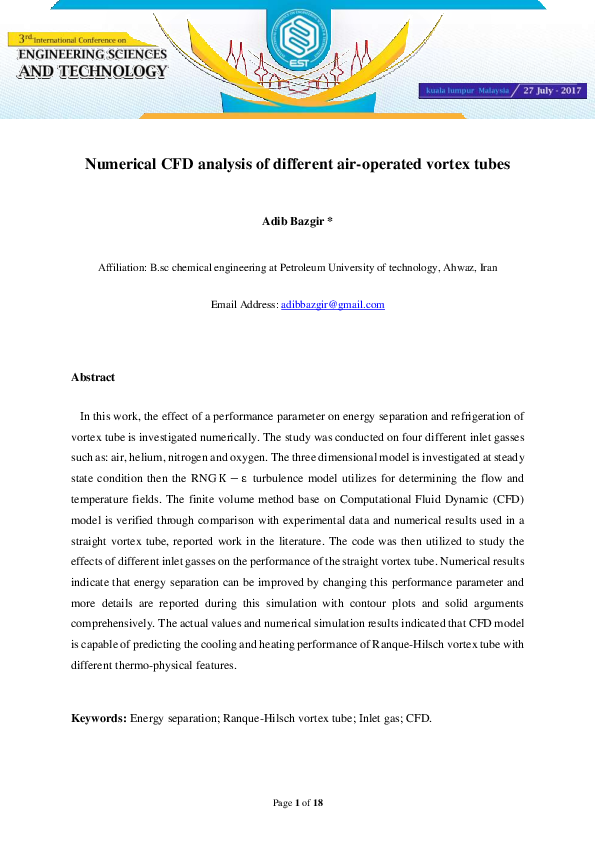 (PDF) Numerical CFD analysis of different air-operated vortex tubes