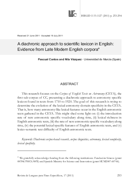 (PDF) A diachronic approach to scientific lexicon in English: Evidence ...