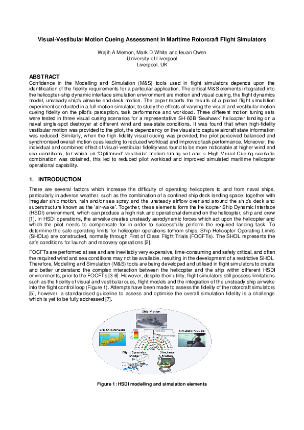 Visual-Vestibular Motion Cueing Assessment in Maritime Rotorcraft Flight Simulators