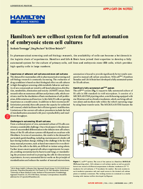 (PDF) Hamilton's new cellhost system for full automation of embryonic ...