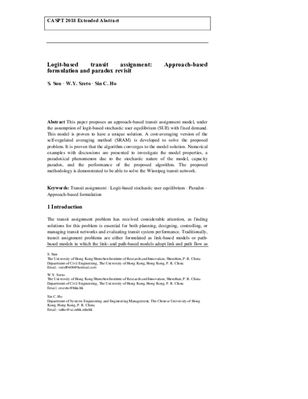 (PDF) Logit-based transit assignment: Approach-based formulation and paradox revisit