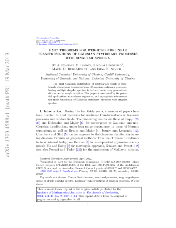 (PDF) Limit theorems for weighted nonlinear transformations of Gaussian stationary processes ...