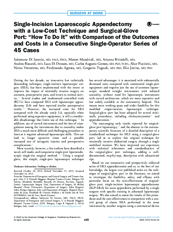 (PDF) Single Incision Laparoscopic Appendectomy with a "Low Cost" Technique and Surgical Glove ...