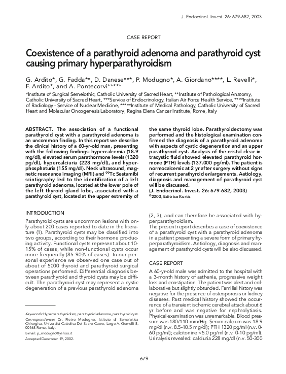(PDF) Coexistence of a parathyroid adenoma and parathyroid cyst causing ...