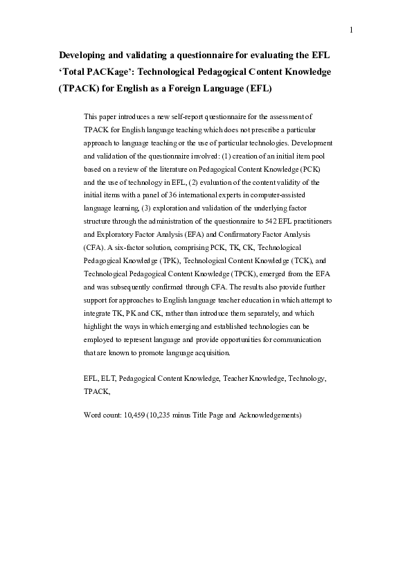 Doc Developing And Validating A Questionnaire For Evaluating The Efl ‘total Package