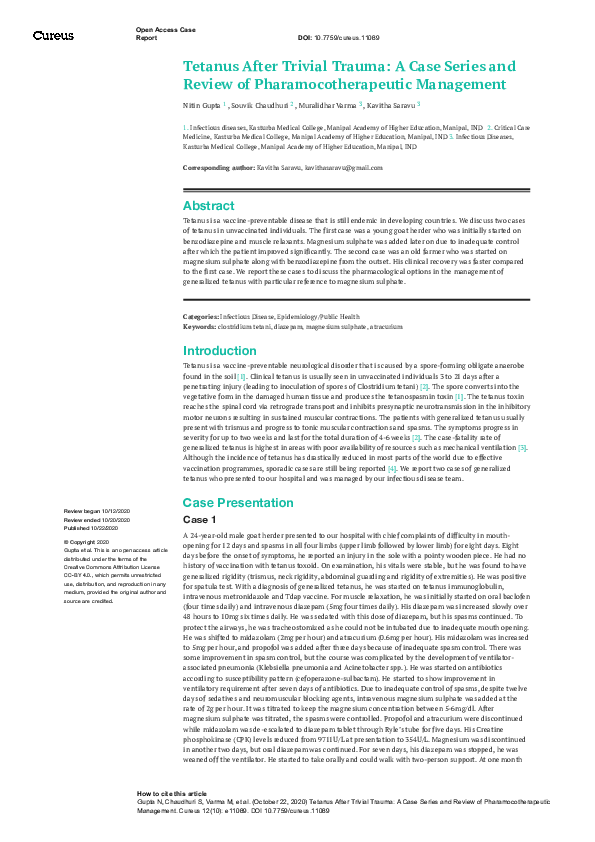 (PDF) Tetanus After Trivial Trauma: A Case Series and Review of ...