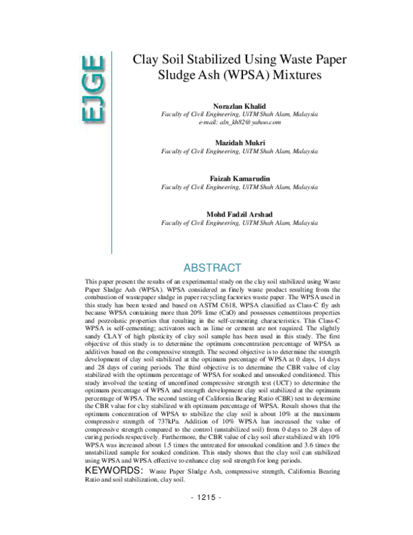(PDF) Clay soil stabilized using waste paper sludge ash (WPSA) mixtures