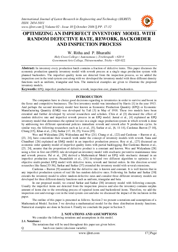Pdf Optimizing An Imperfect Inventory Model With Random Defective Rate Rework Backorder And