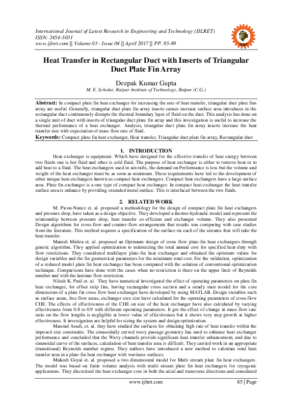 Pdf Heat Transfer In Rectangular Duct With Inserts Of Triangular Duct Plate Fin Array