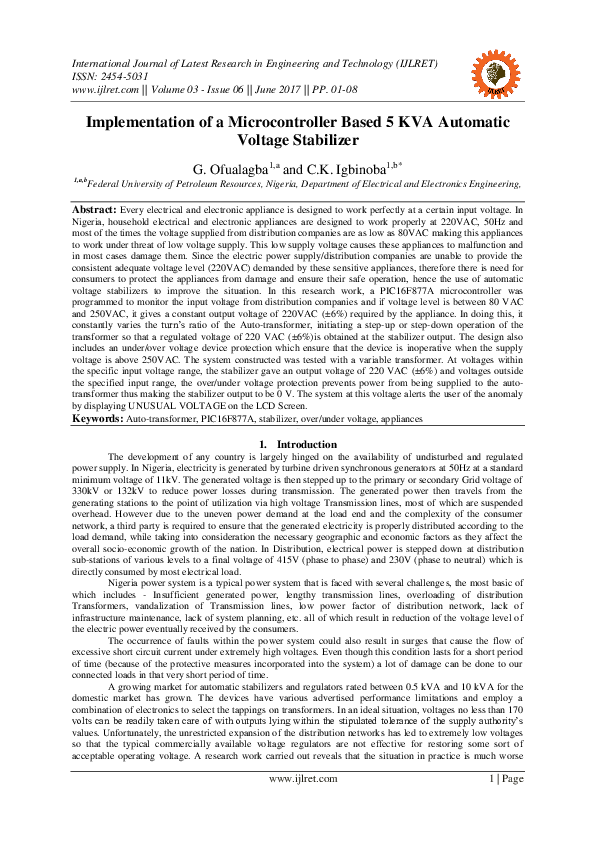 (PDF) Implementation of a Microcontroller Based 5 KVA Automatic Voltage Stabilizer
