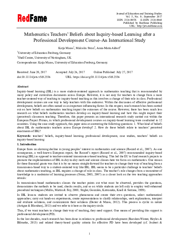 (PDF) Mathematics Teachers’ Beliefs about Inquiry-based Learning after ...