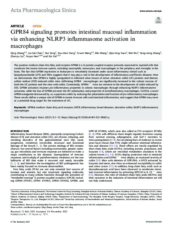 (PDF) GPR84 signaling promotes intestinal mucosal inflammation via ...