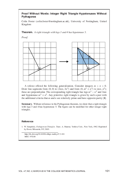 Pdf Proof Without Words Integer Right Triangle Hypotenuses Without Pythagoras Colin Foster 