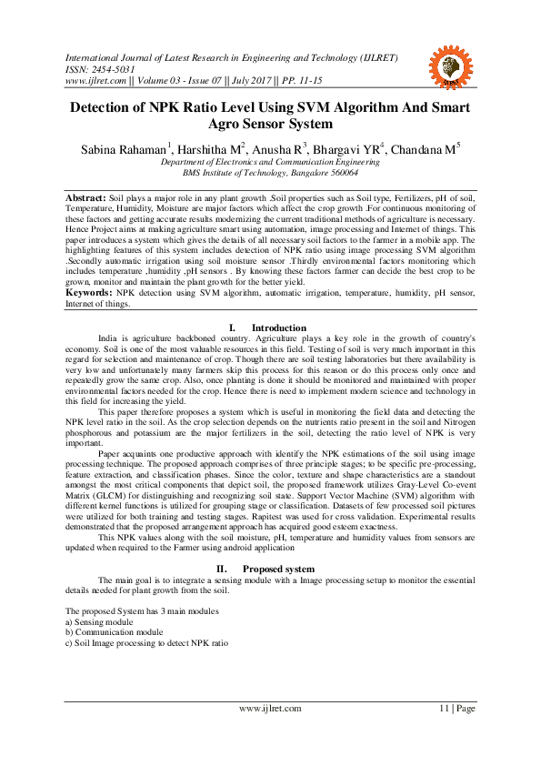(PDF) Detection of NPK Ratio Level Using SVM Algorithm And Smart Agro ...
