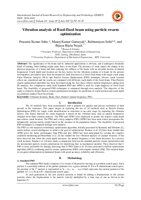 Pdf Vibration Analysis Of Fixed Fixed Beam Using Particle Swarm Optimization