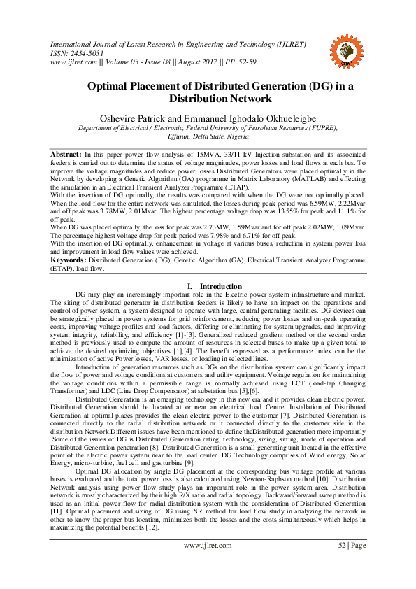 Pdf Optimal Placement Of Distributed Generation Dg In A Distribution Network