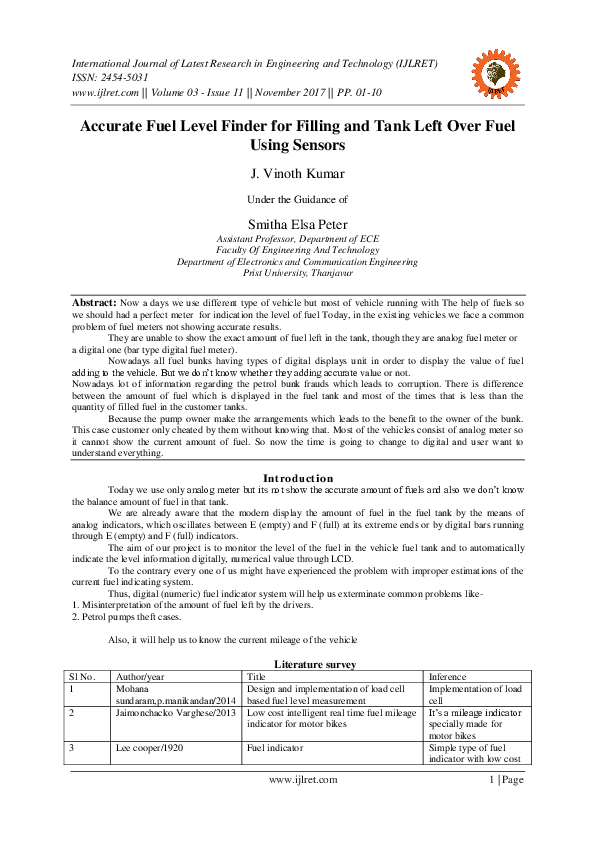 (PDF) Accurate Fuel Level Finder for Filling and Tank Left Over Fuel ...